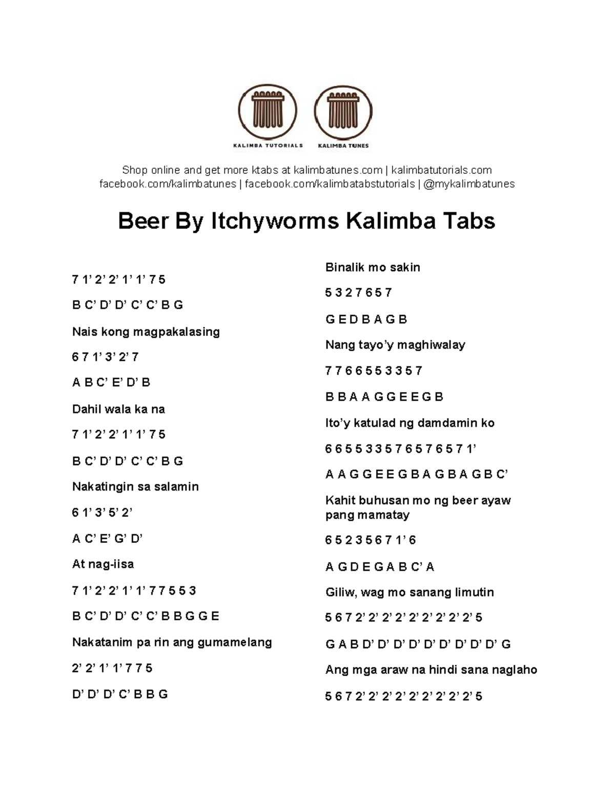 Beer By Itchyworms Kalimba Tabs - Shop online and get more ktabs at ...
