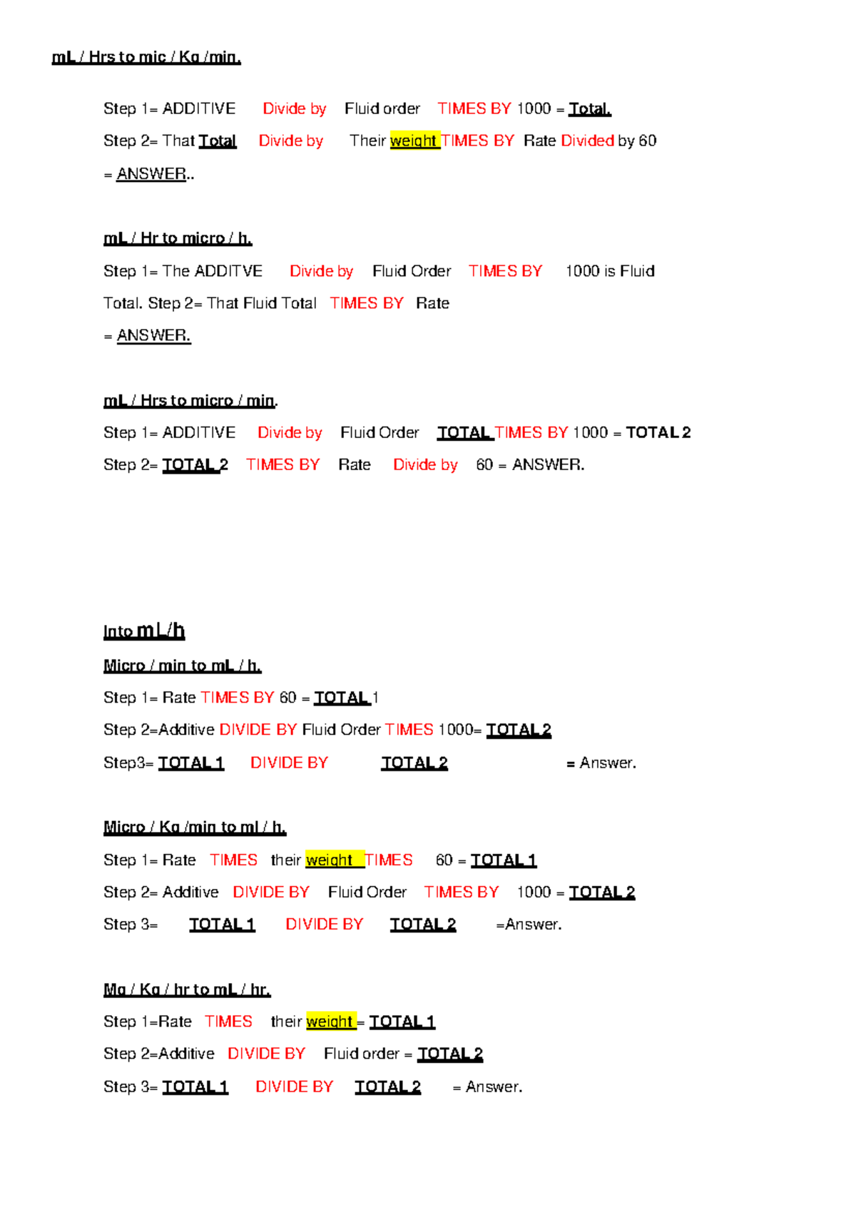 Complex Infusions Formula Sheet - mL / Hrs to mic / Kg /min. Step 1 ...