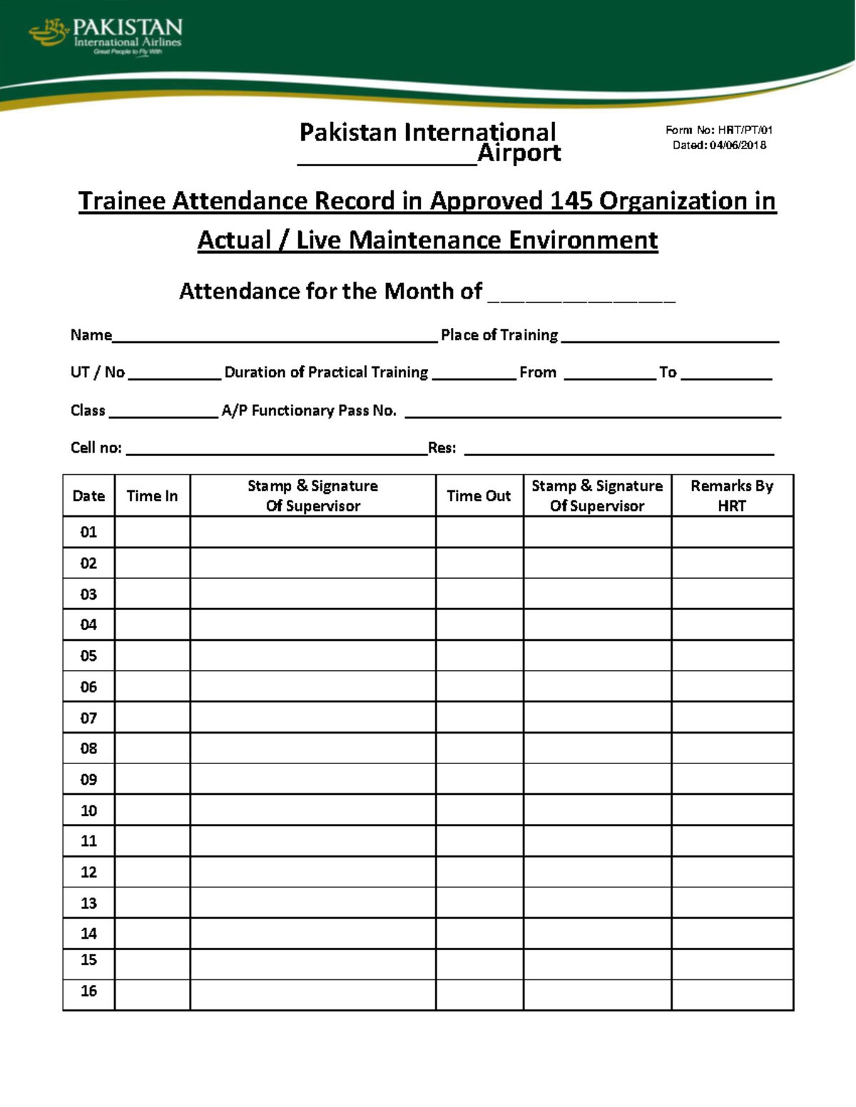 OJT Attendance Sheet - sdfsda - Pakistan International _____________Airport Trainee Attendance ...