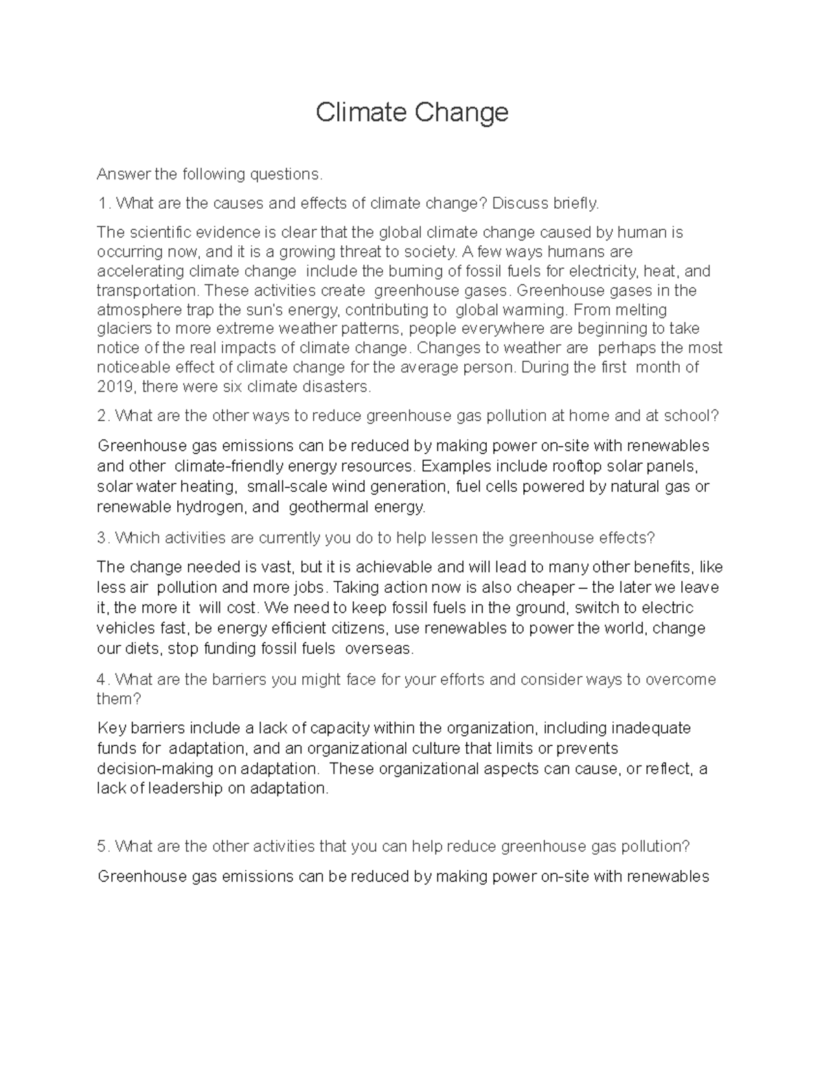 Quinto, Jairah Joy Climate Change - Climate Change Answer the following ...