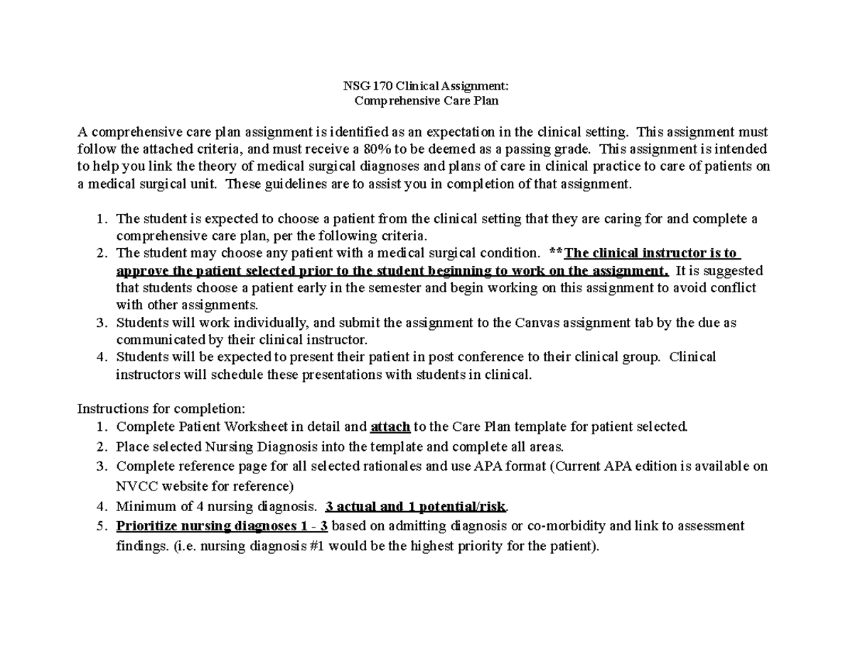 NSG 170 care plan rubric - NSG 170 Clinical Assignment: Comprehensive ...