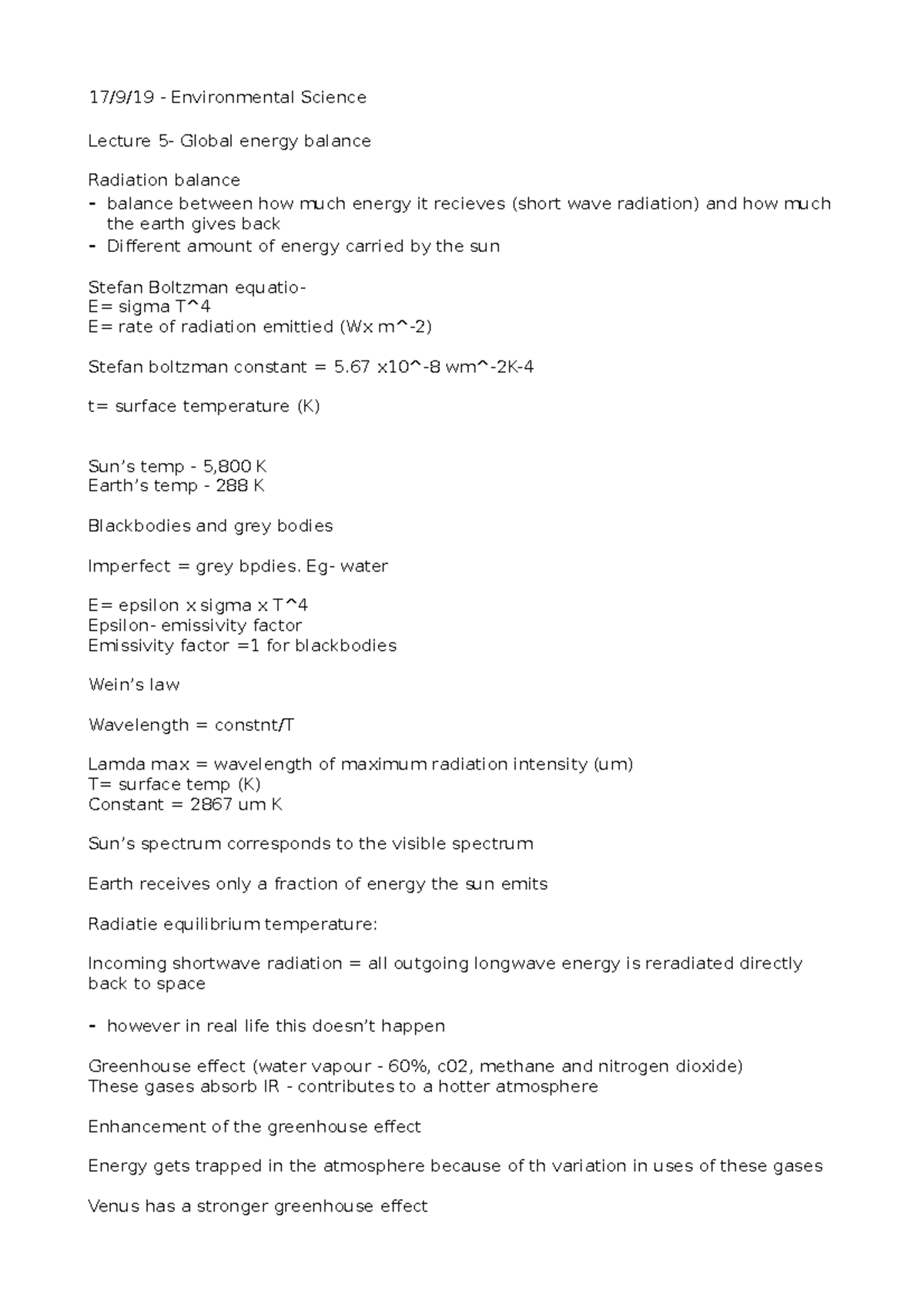 Envirsc Lecture 5 Notes On 1c03 17 9 19 Environmental Science Lecture 5 Global Energy