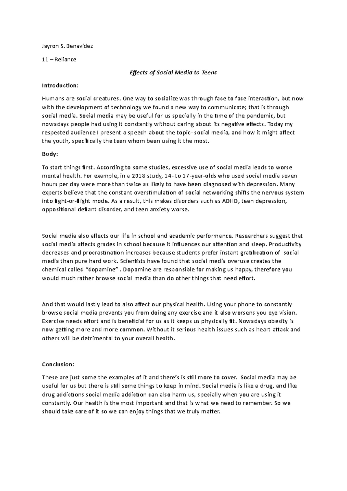 Effects of Social Media Speech - Jayron S. Benavidez 11 – Reliance ...