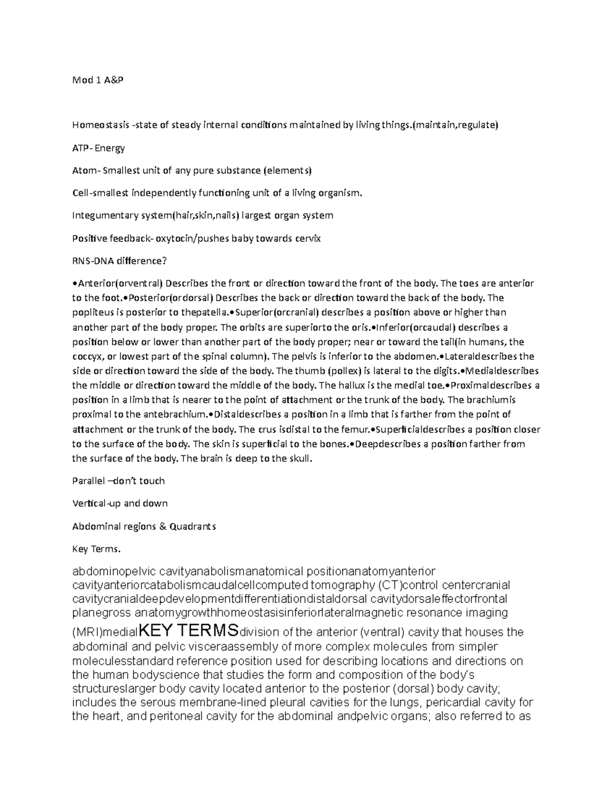 Mod 1 A&P Study Guide from text - Mod 1 A&P Homeostasis -state of ...