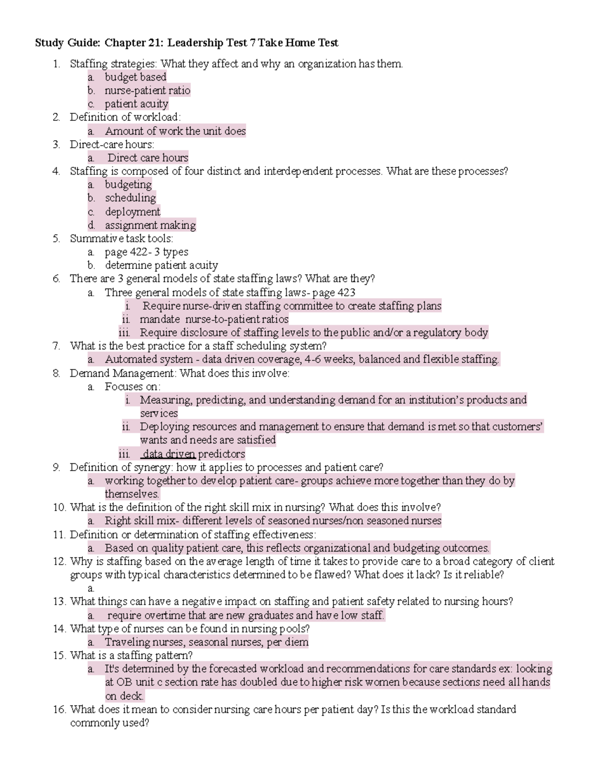 Chapter 22 Staffing and Scheduling Questions and Answers - NURSE 7085 ...