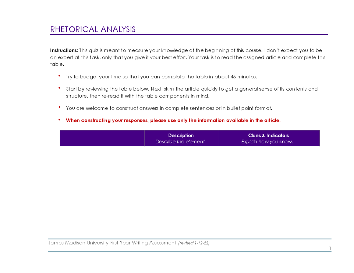 Rhetorical analysis table 2022 - RHETORICAL ANALYSIS Instructions: This ...