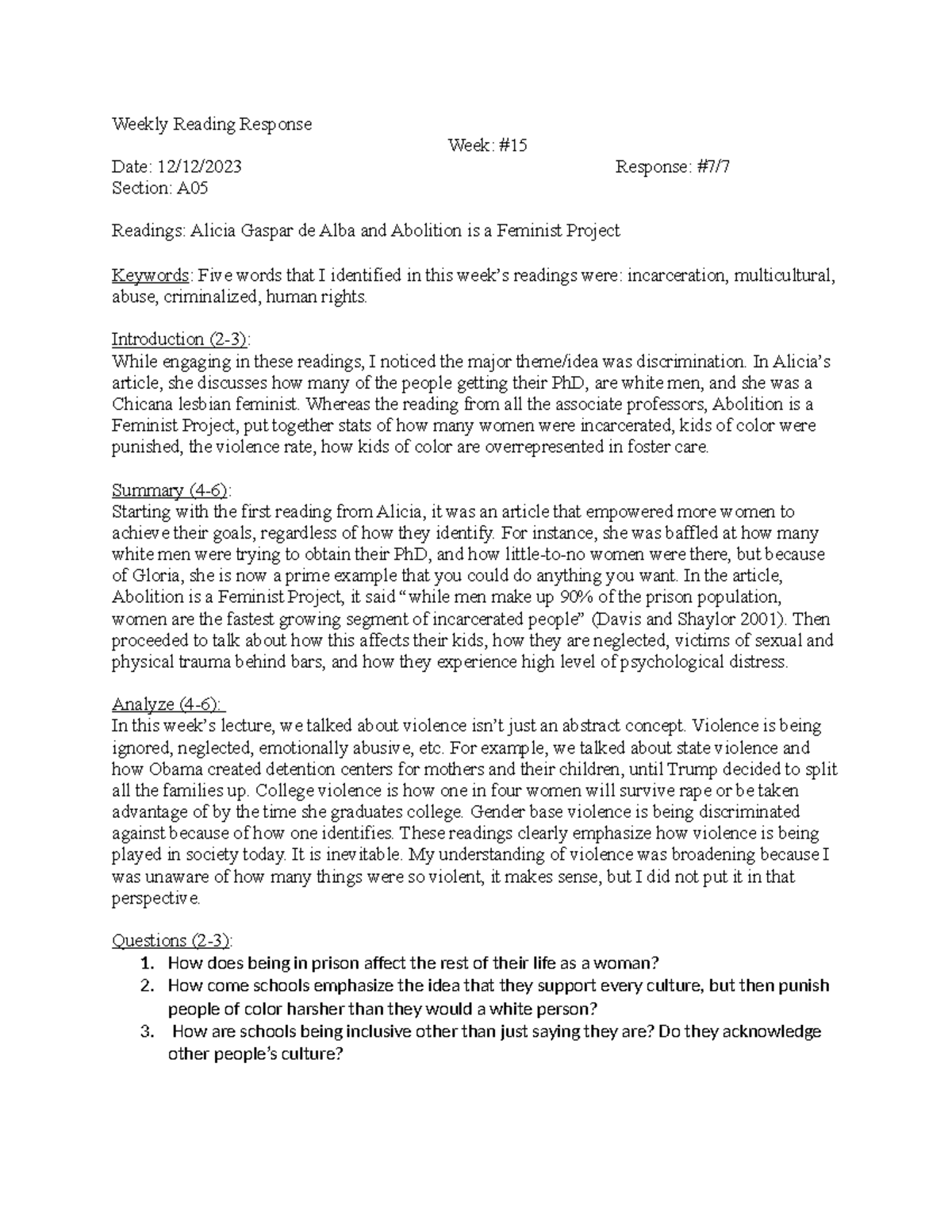 RR #7 - reading response - Weekly Reading Response Week: # Date: 12/12 ...