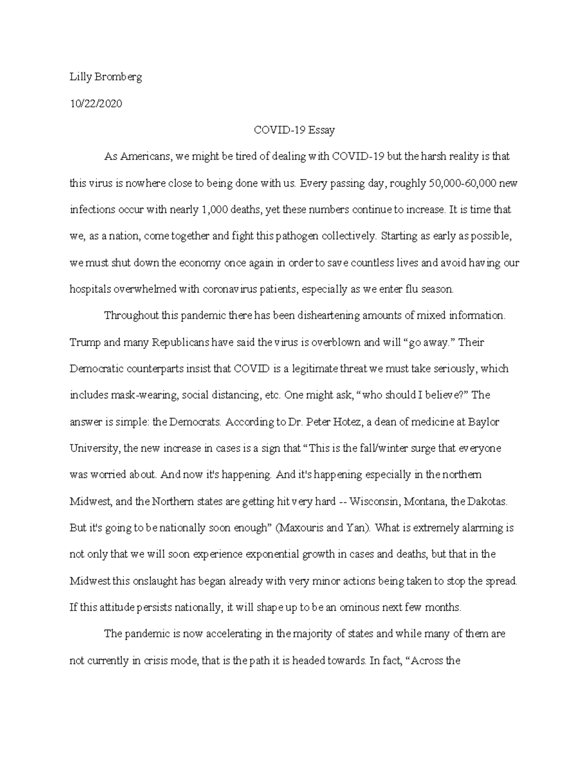 Covid Essay - Lilly Bromberg 10/22/ COVID-19 Essay As Americans, we ...