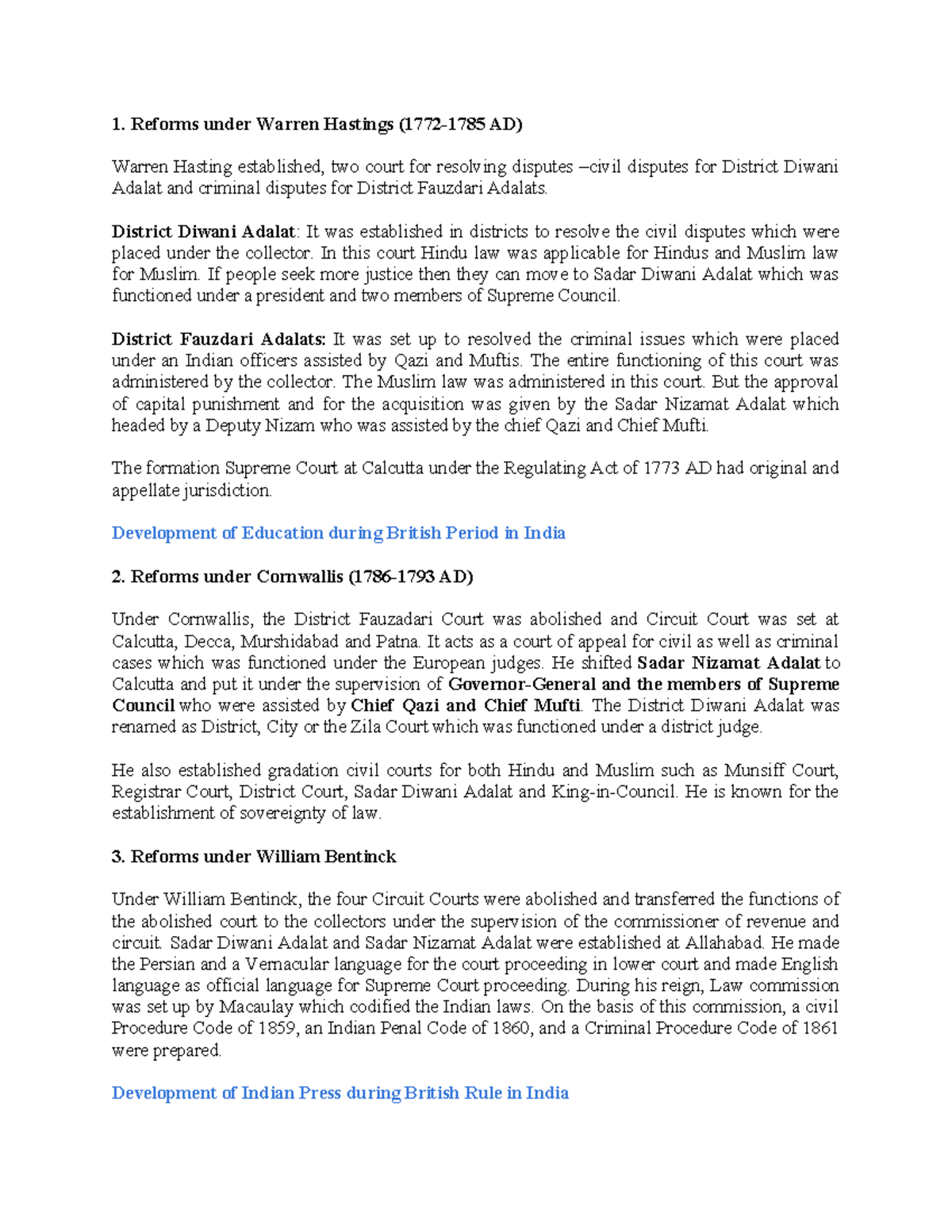 History assesiment - ddd - Reforms under Warren Hastings (1772-1785 AD ...