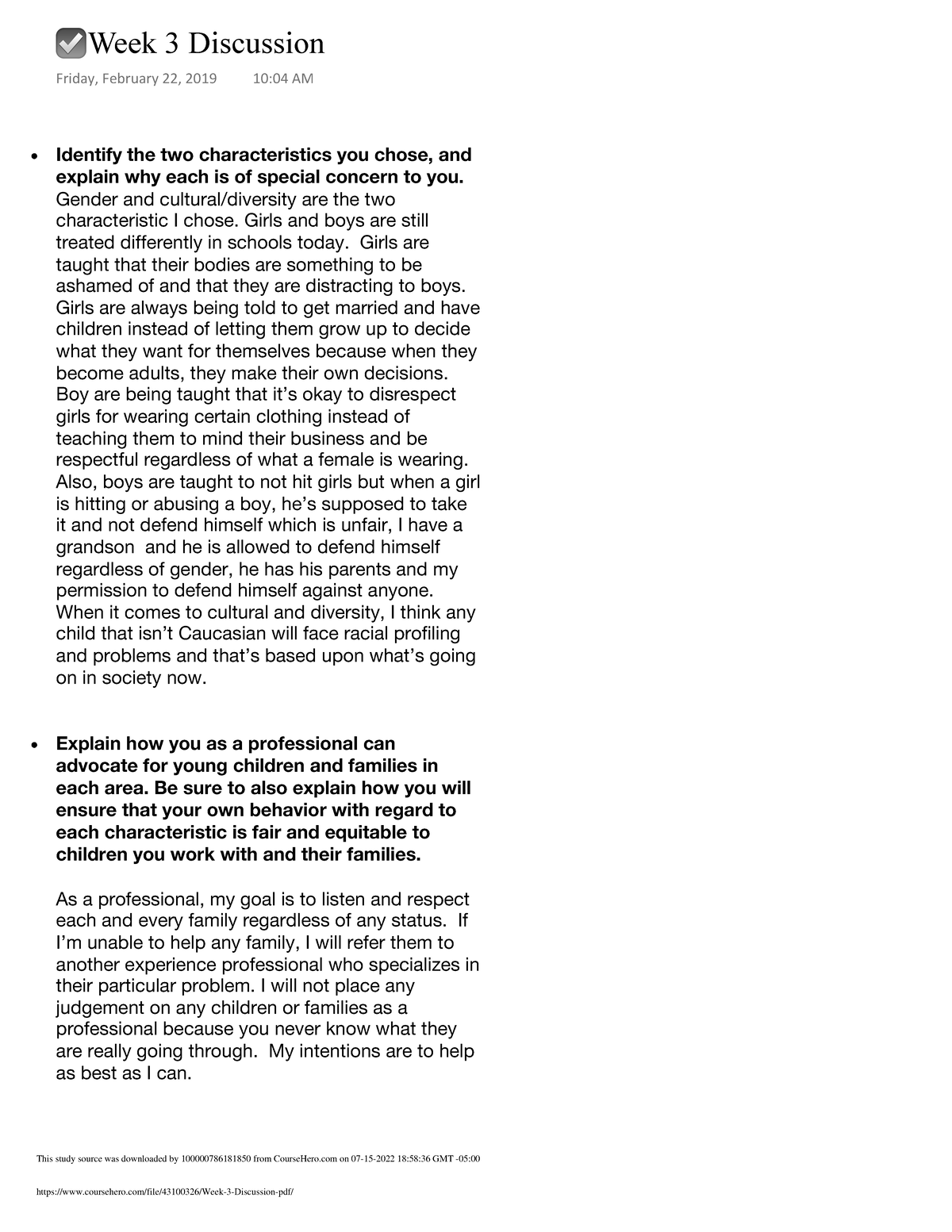 Week 3 Discussion .pdf 2 - Identify the two characteristics you chose, and explain why each is ...