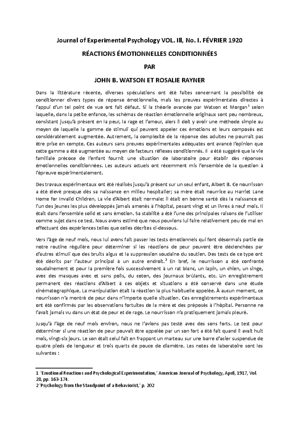 JOHN B. Watson AND Rosalie Rayner, articl albert - Journal of ...