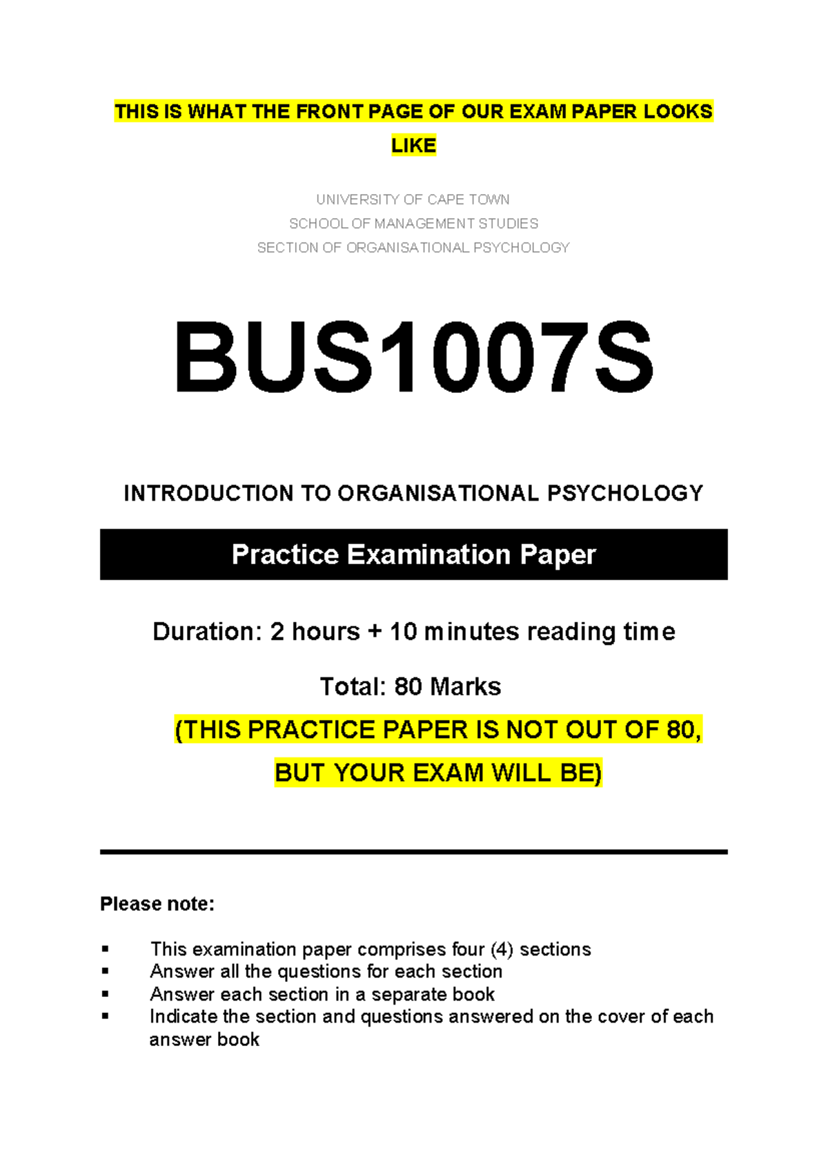 BUS1007S Practice Exam Questions - THIS IS WHAT THE FRONT PAGE OF OUR ...