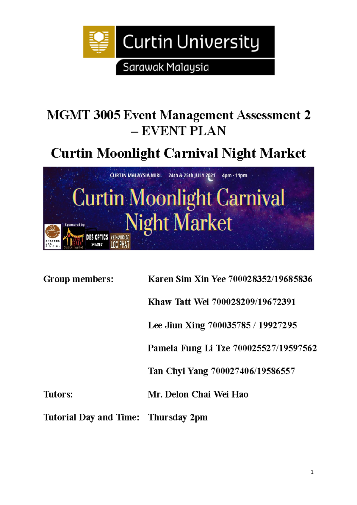 MGMT3005 Event Management - Thursday Group 3 - Assessment 2 Event Plan - Curtin Moonlight ...