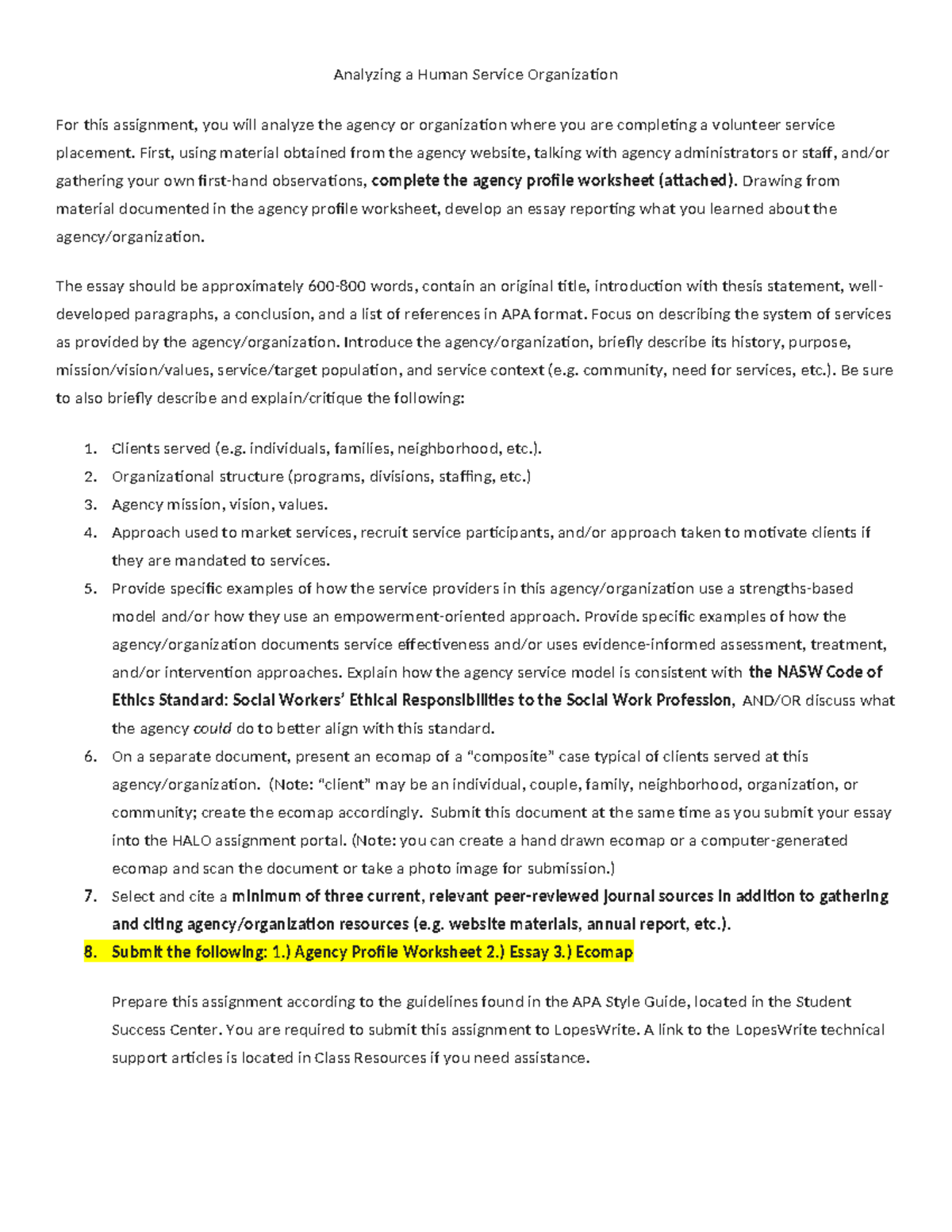 GCU.SWK280. Assignment Instructions. Analyzing a Human Service ...