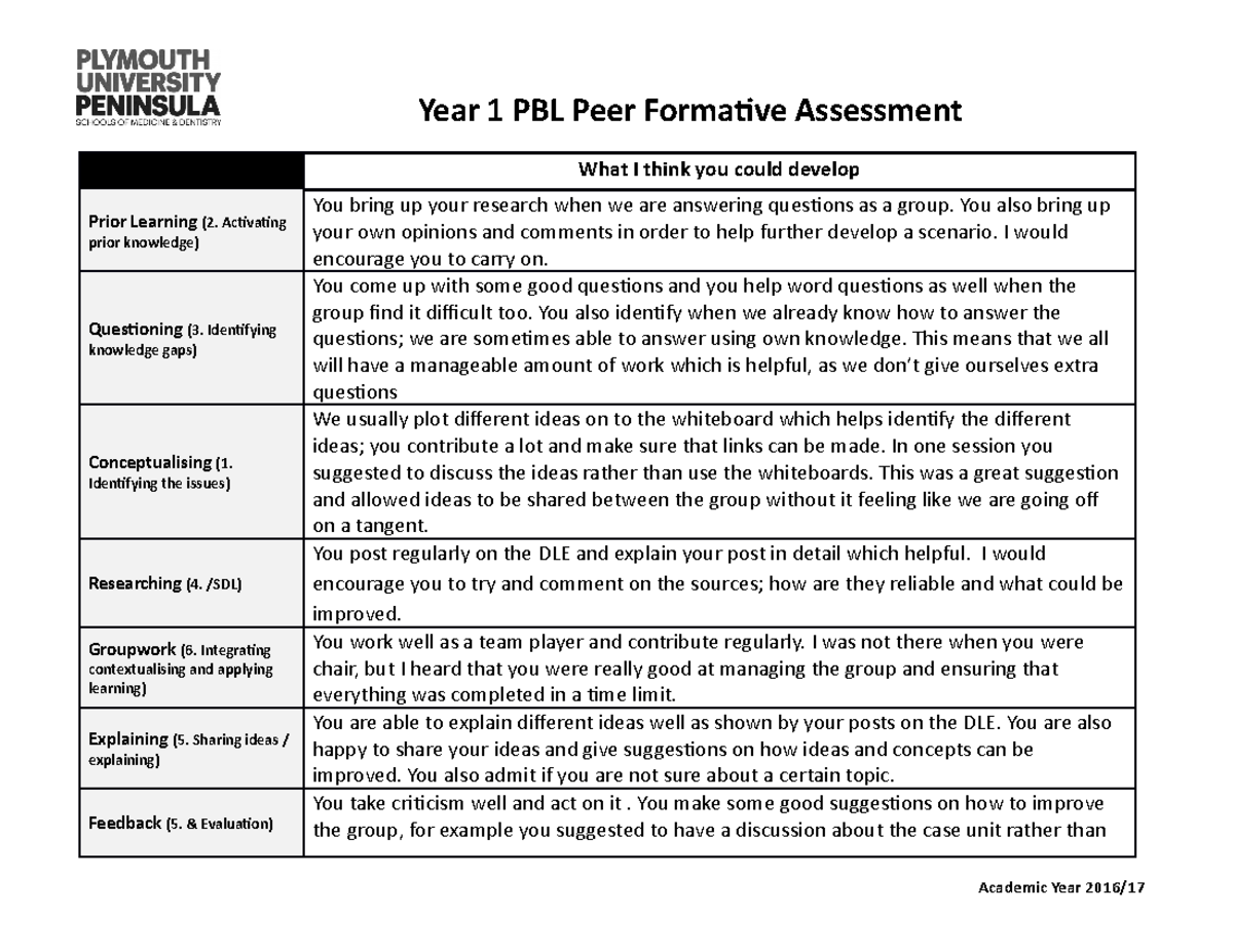 Formative Peer Feedback example 3 - Year 1 PBL Peer Formative ...