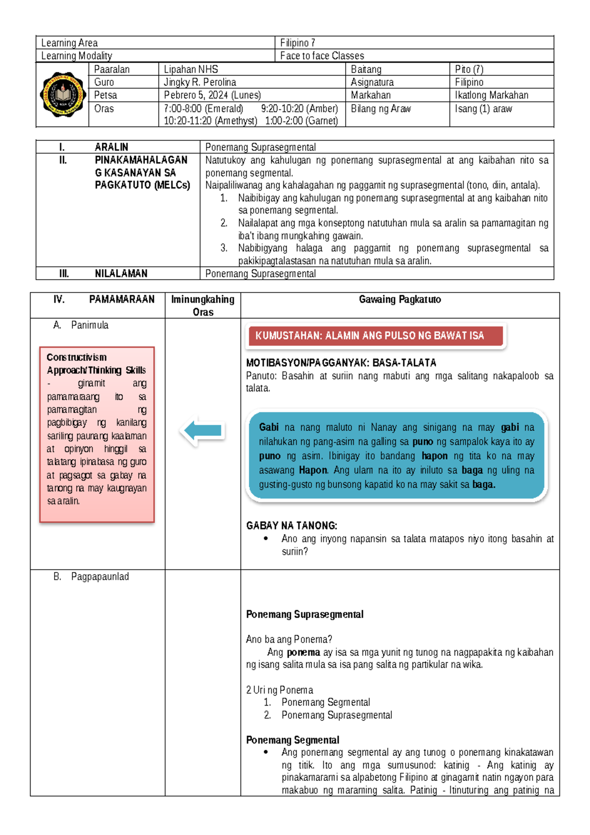 02-05-24 - Daily Lesson Log - Learning Area Filipino 7 Learning ...