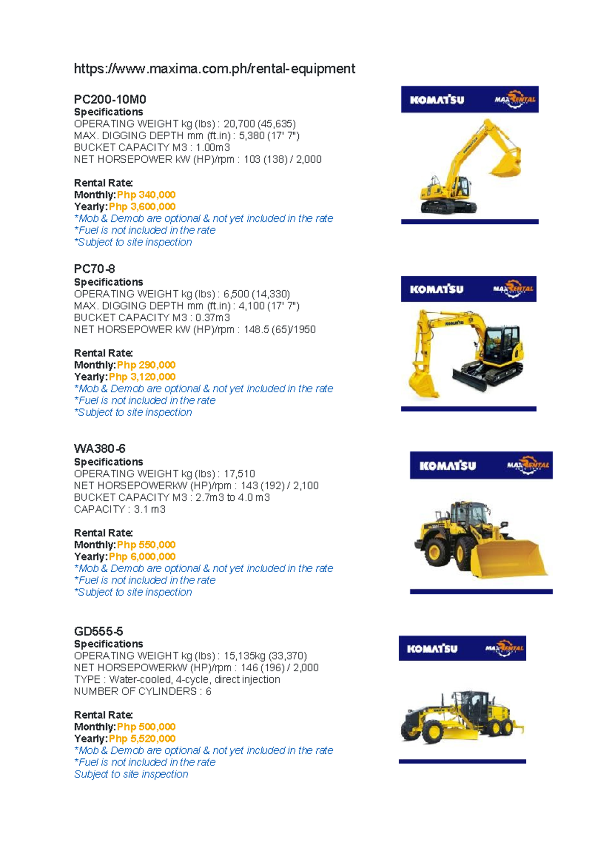 Equipment Rental (Brand New) - maxima.com/rental-equipment PC200-10M ...