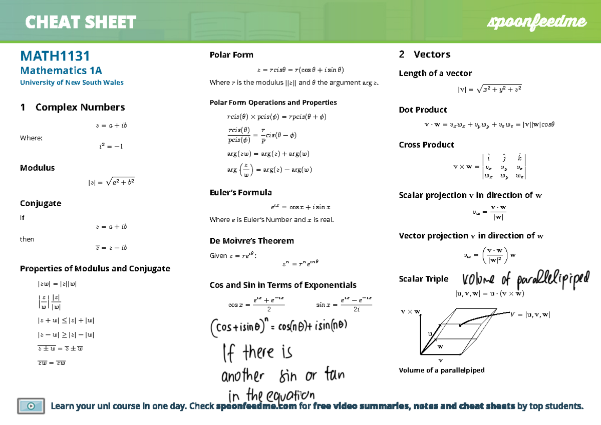 MATH1131 Mathematics 1A (Algebra) Cheatsheet - - Studocu