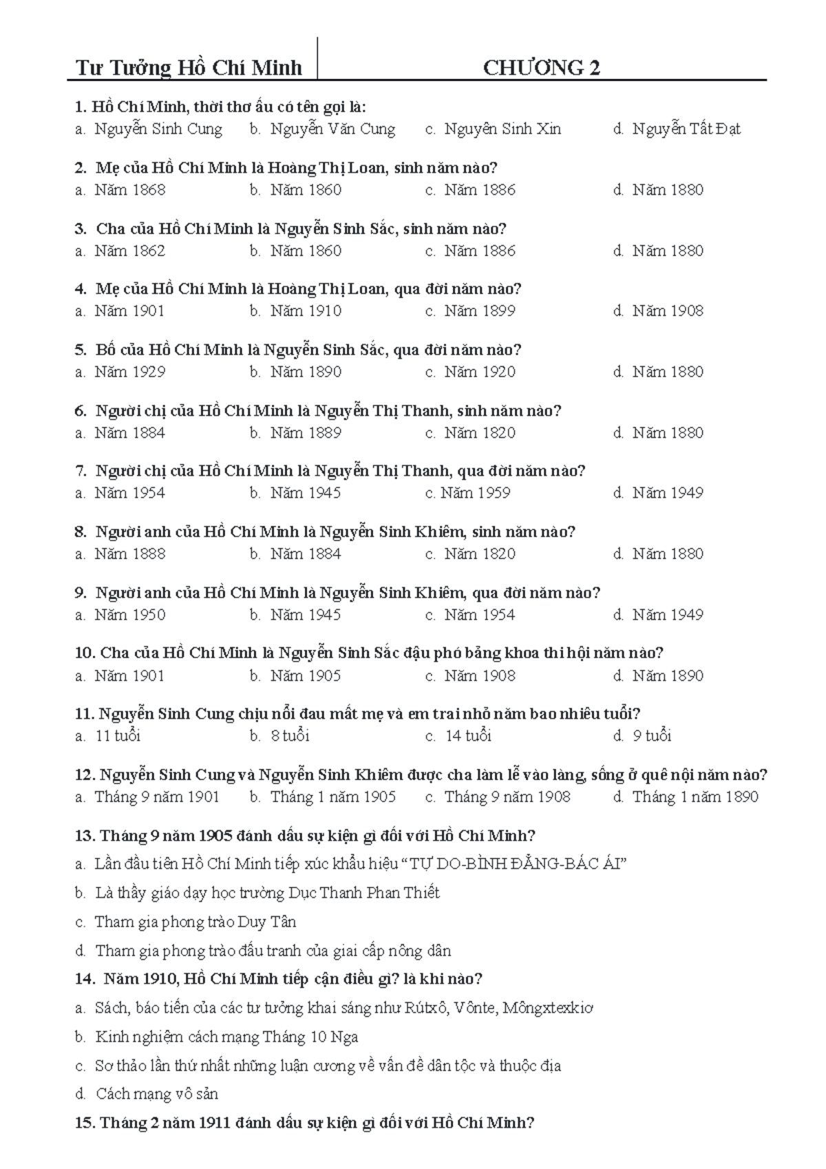 Tthcm-On C2 - TTHCM-Chuong2 - Tư Tưởng Hồ Chí Minh CHƯƠNG 2 Hồ Chí Minh, thời thơ ấu có tên gọi ...