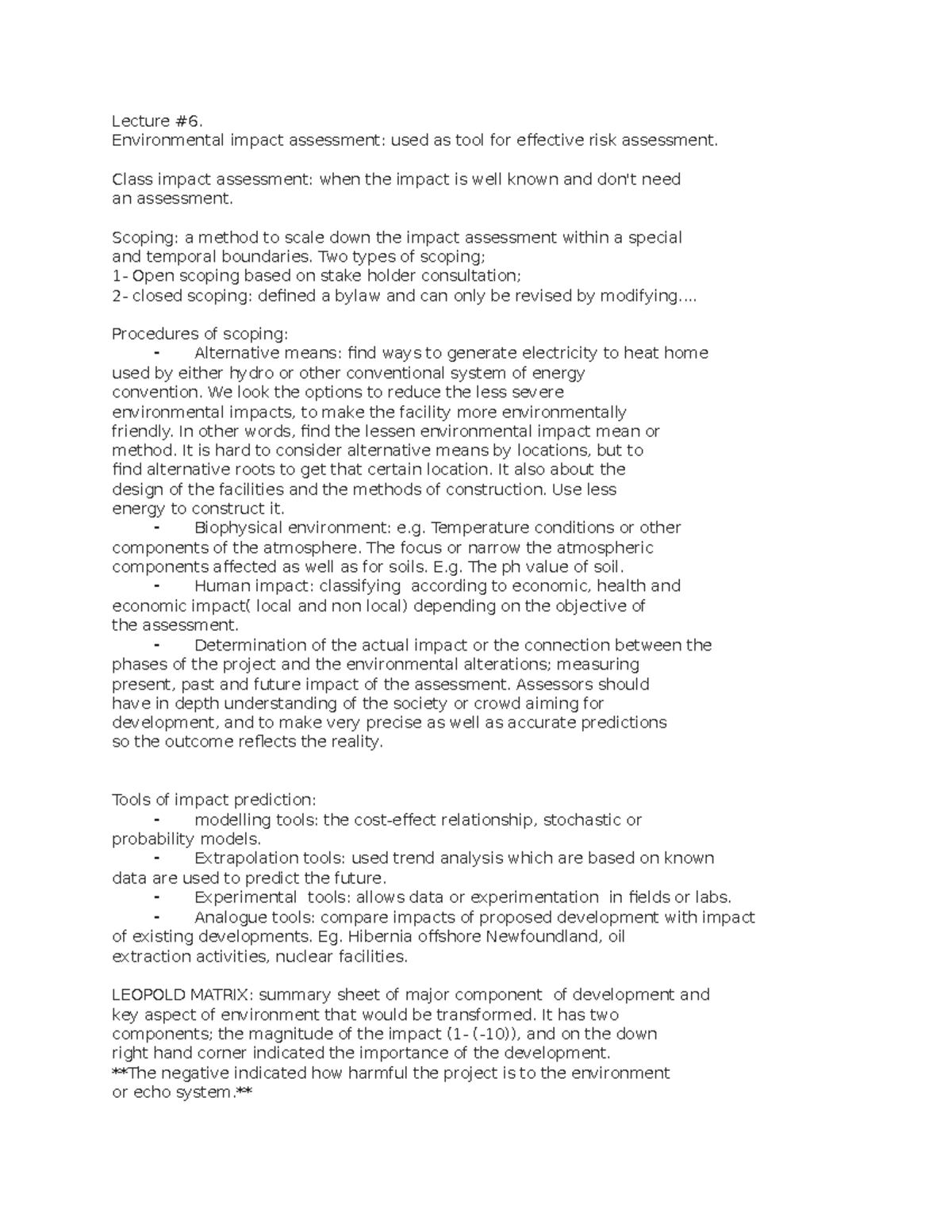 GEO 702 Lecture 5 Notes - Lecture #6. Environmental impact assessment ...