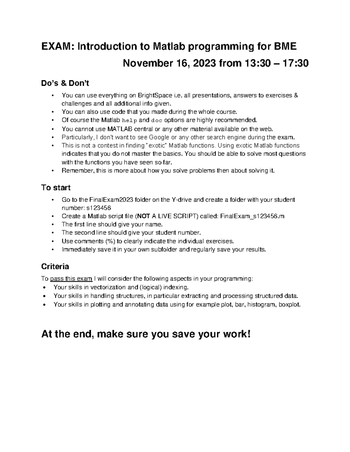 Matlab Exam 2023 - EXAM: Introduction to Matlab programming for BME ...