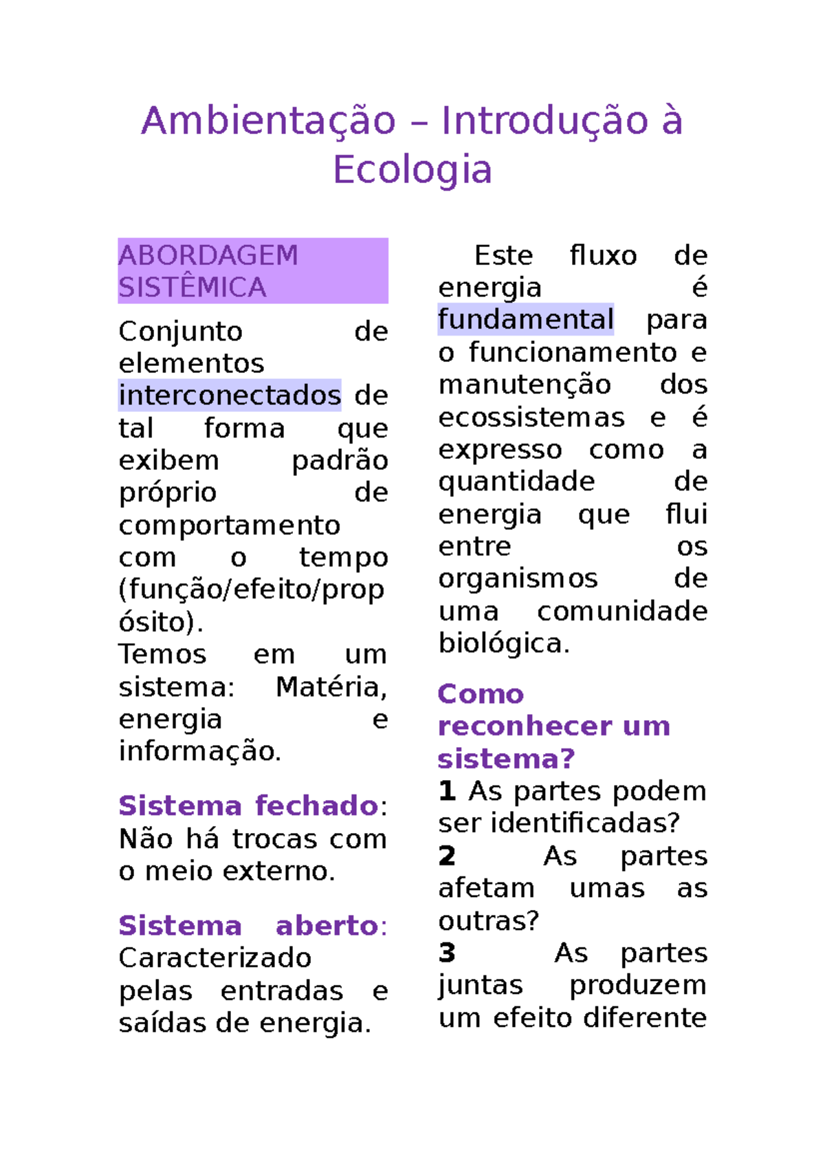 BIOA - Aula 01 - resumo bioa - Ambientação – Introdução à Ecologia ...