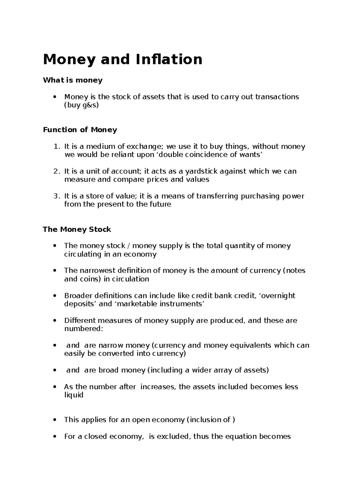 3 Money and Inflation - Notes for this week - Money and Inflation What ...