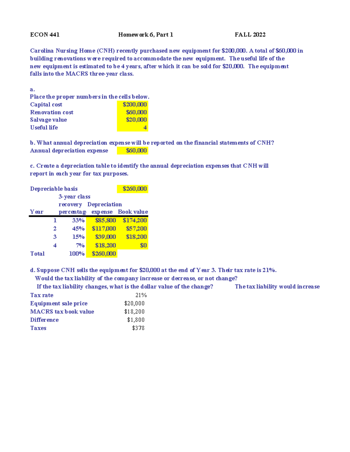 Excel Homework 6 - ECON 441 Homework 6, Part 1 FALL 2022 Carolina Nursing Home (CNH) recently ...