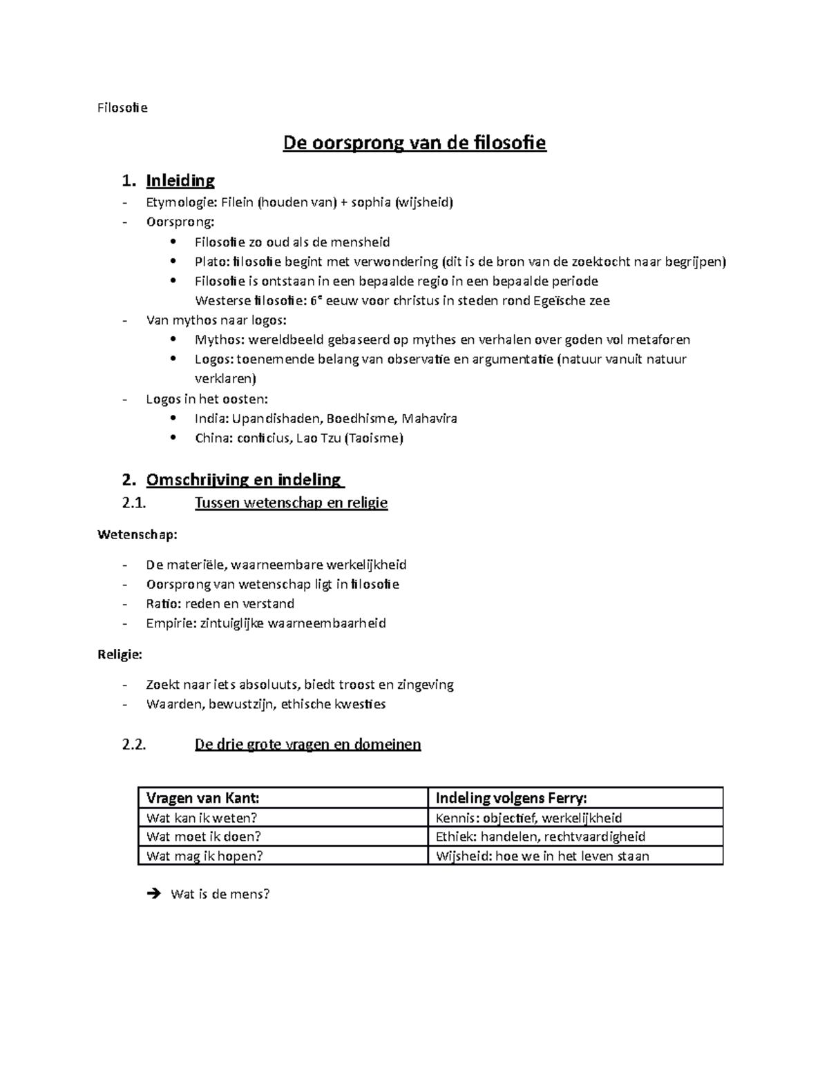 Filosofie - examenresultaat 18/20 - Filosofie De oorsprong van de filosofie 1. Inleiding ...