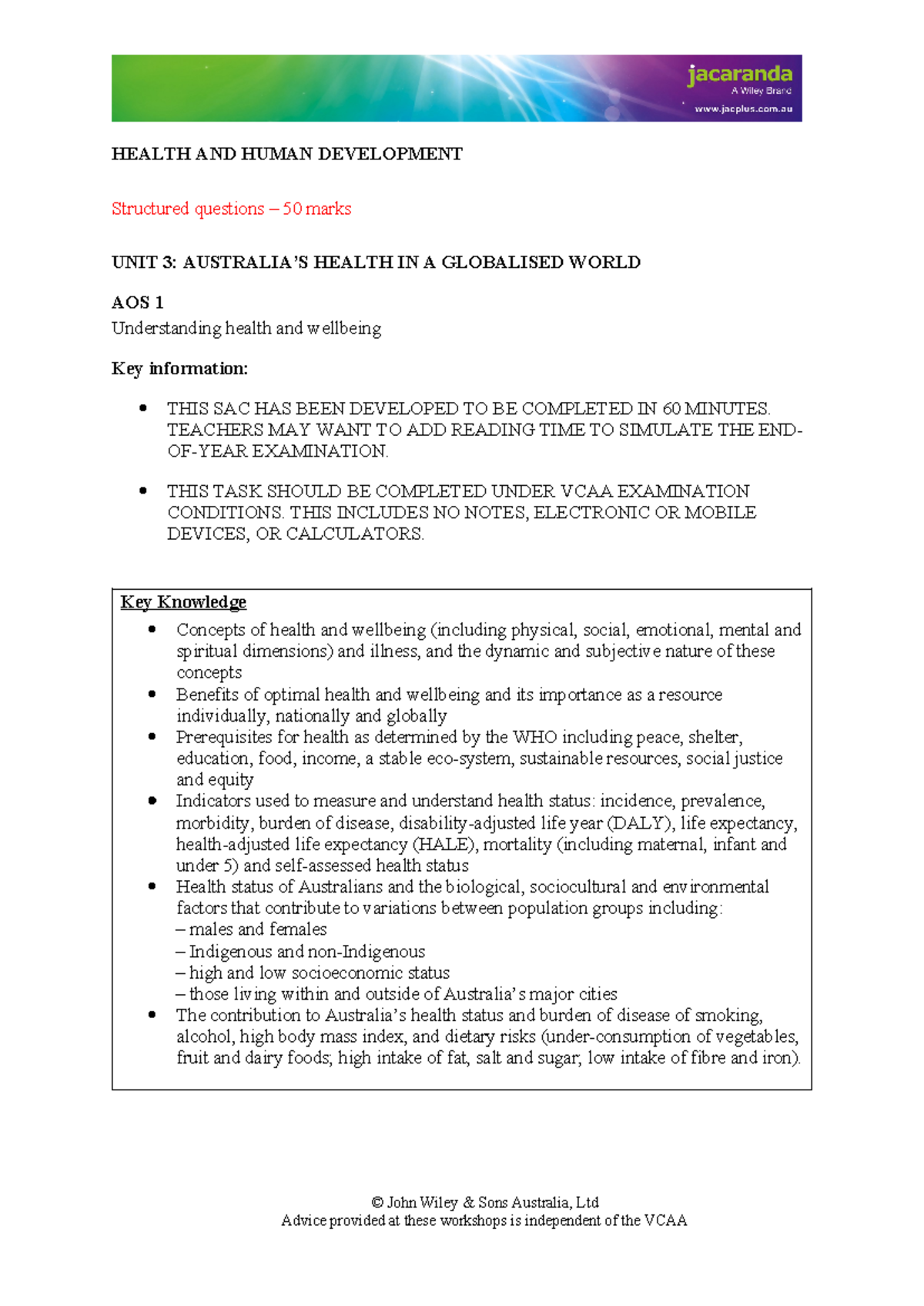 Practice SAC Questions Unit Three Outcome One - HEALTH AND HUMAN ...
