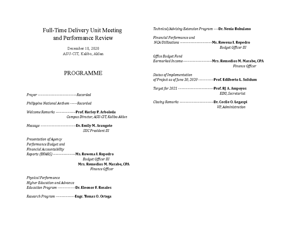 Program - N/A - Full-Time Delivery Unit Meeting and Performance Review ...