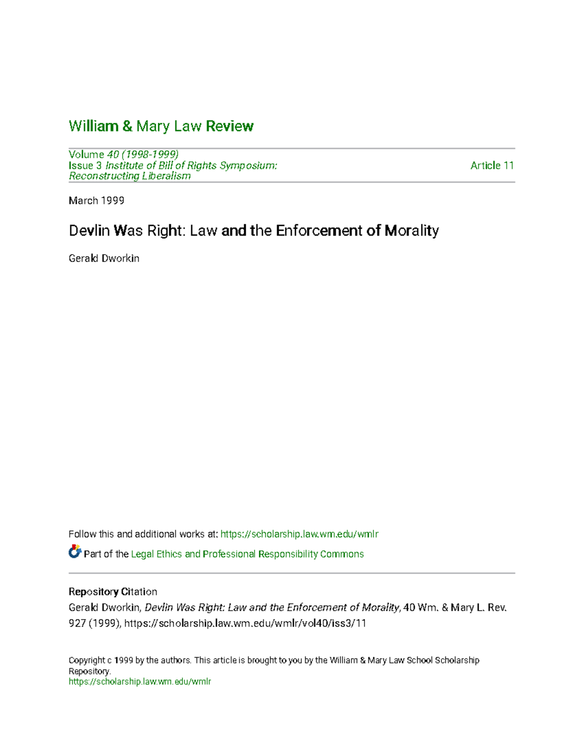 Devlin Was Right Law and the Enforcement of Morality - William & Mary ...