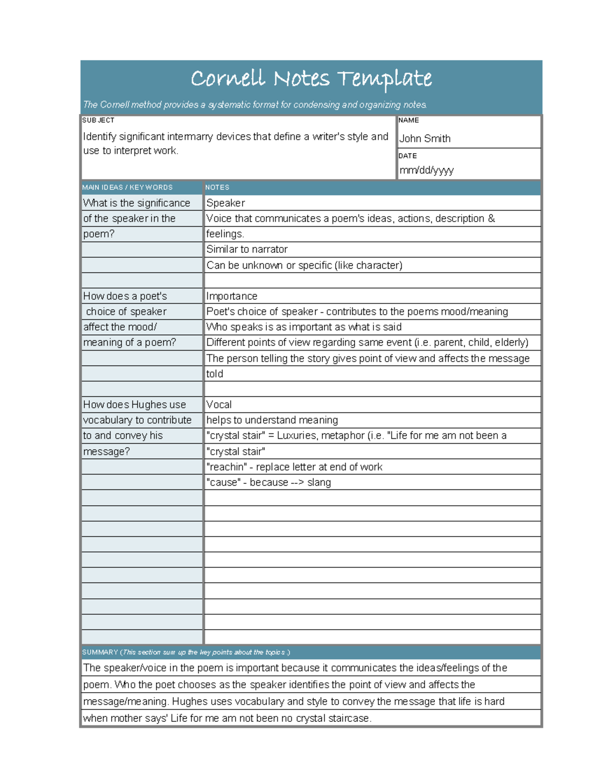 Cornell Notes Template 1 Template Lab - SUMMARY (This section sum up ...