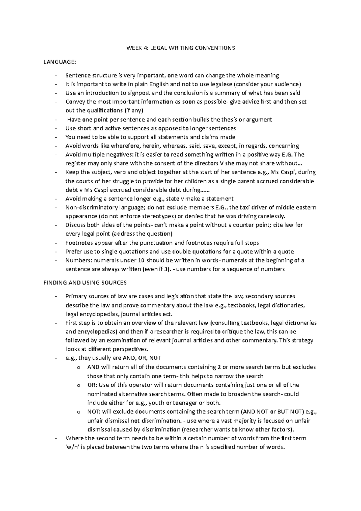 Summary notes pt - WEEK 4: LEGAL WRITING CONVENTIONS LANGUAGE: Sentence ...