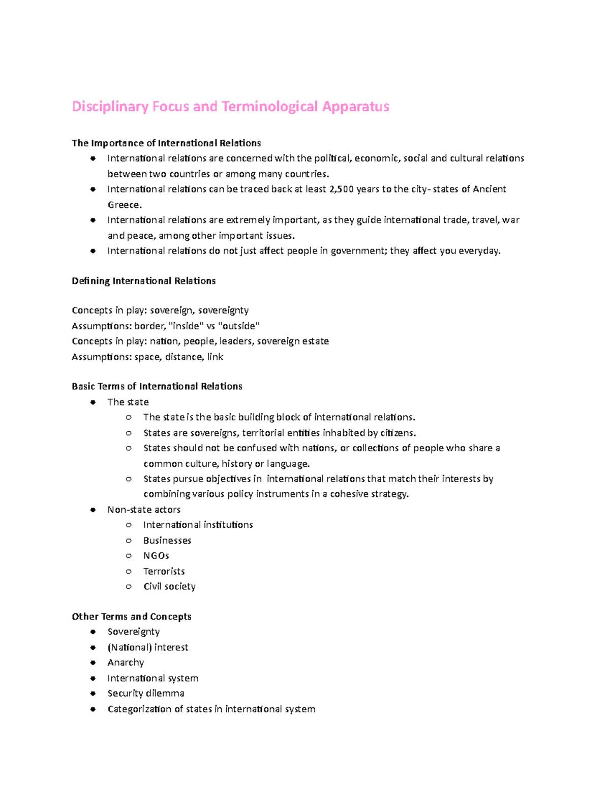 Introduction to International Relations Notes - Disciplinary Focus and ...
