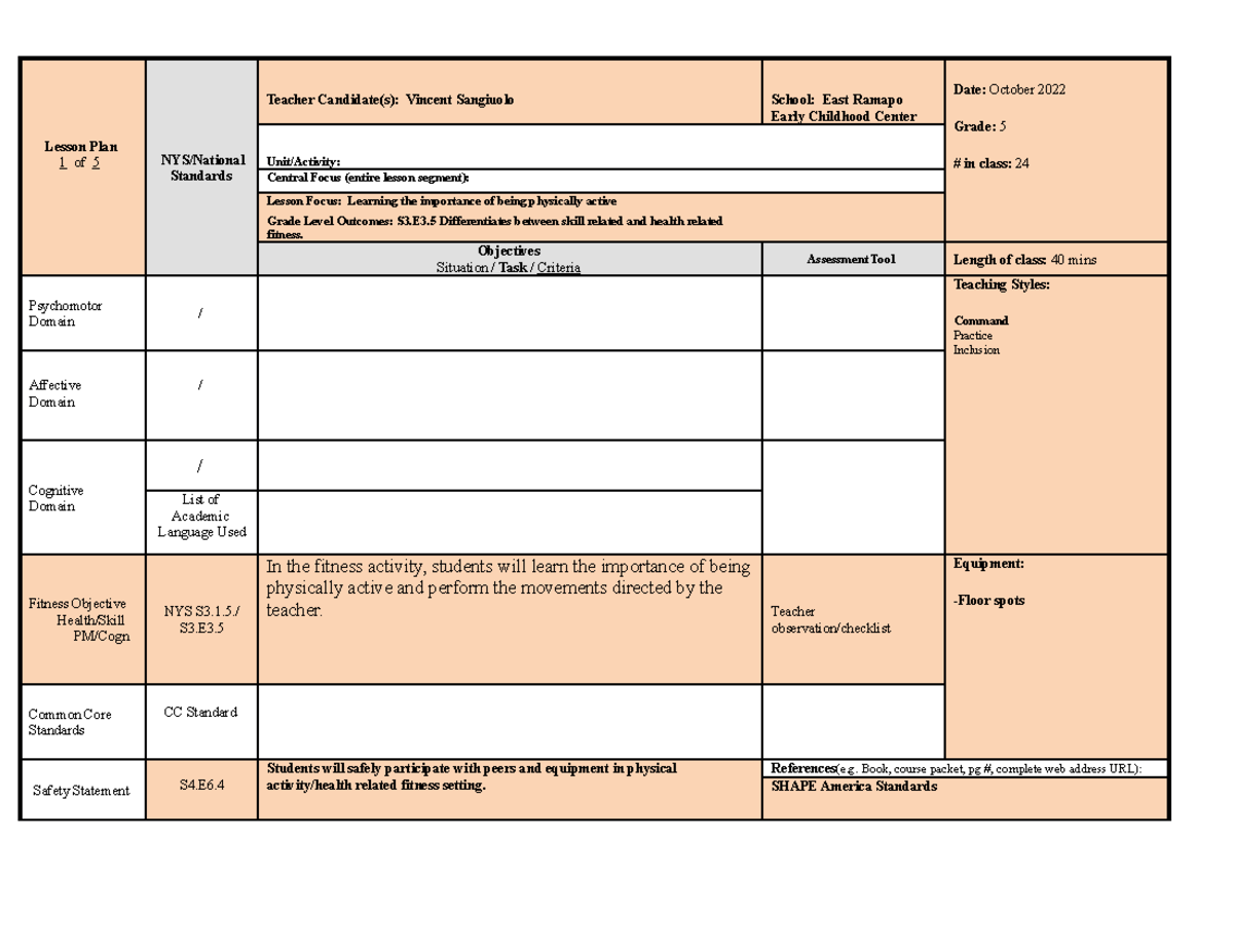 PED 526 Week 8 Elementary LP example 1 - Lesson Plan 1 of 5 NYS ...