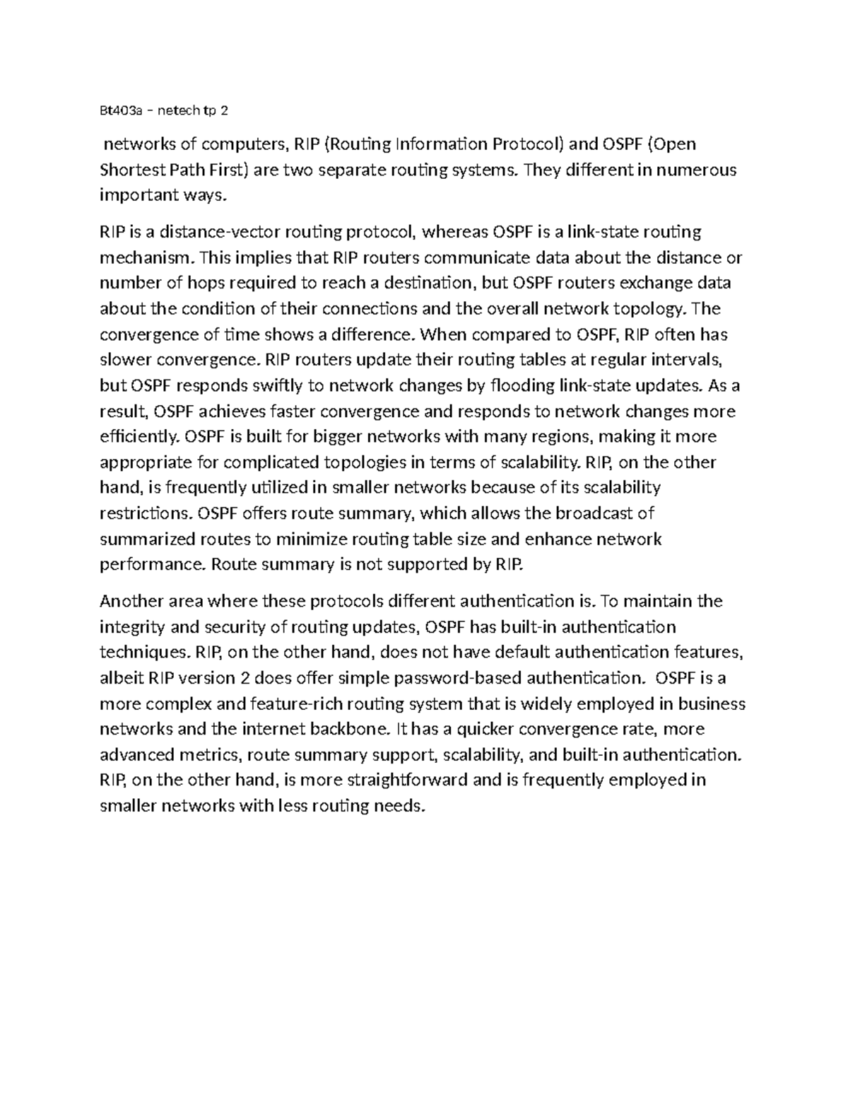 task performance - Bt403a – netech tp 2 networks of computers, RIP ...
