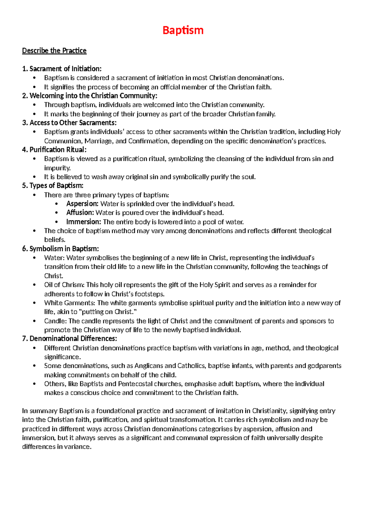 Baptism - Notes - Baptism Describe the Practice 1. Sacrament of ...