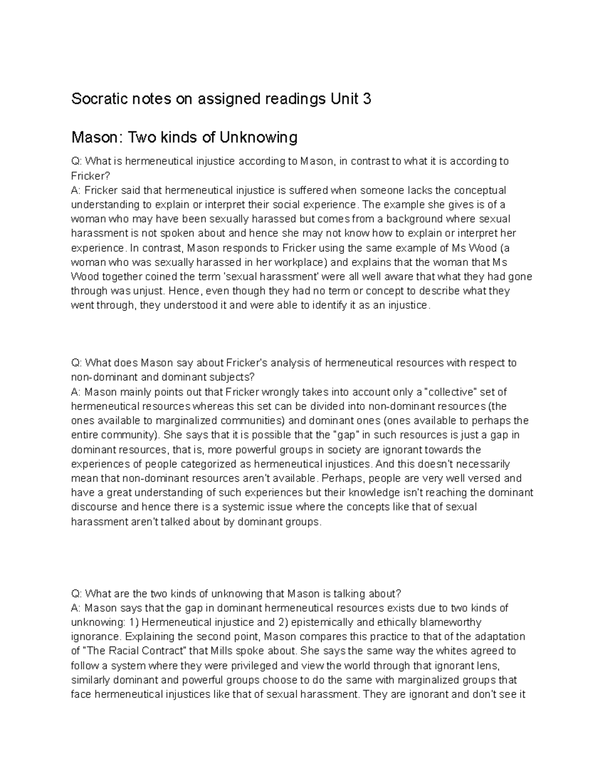 Socratic Notes 3 - Professor Erin Wiebe assigned readings for almost ...