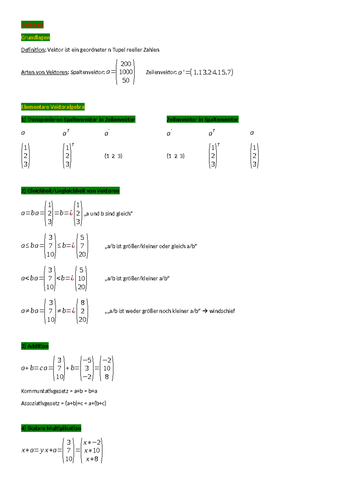 Mathe 1 Ergänzt - Zusammenfassung Grundlagen der BWL - Vektoren ...