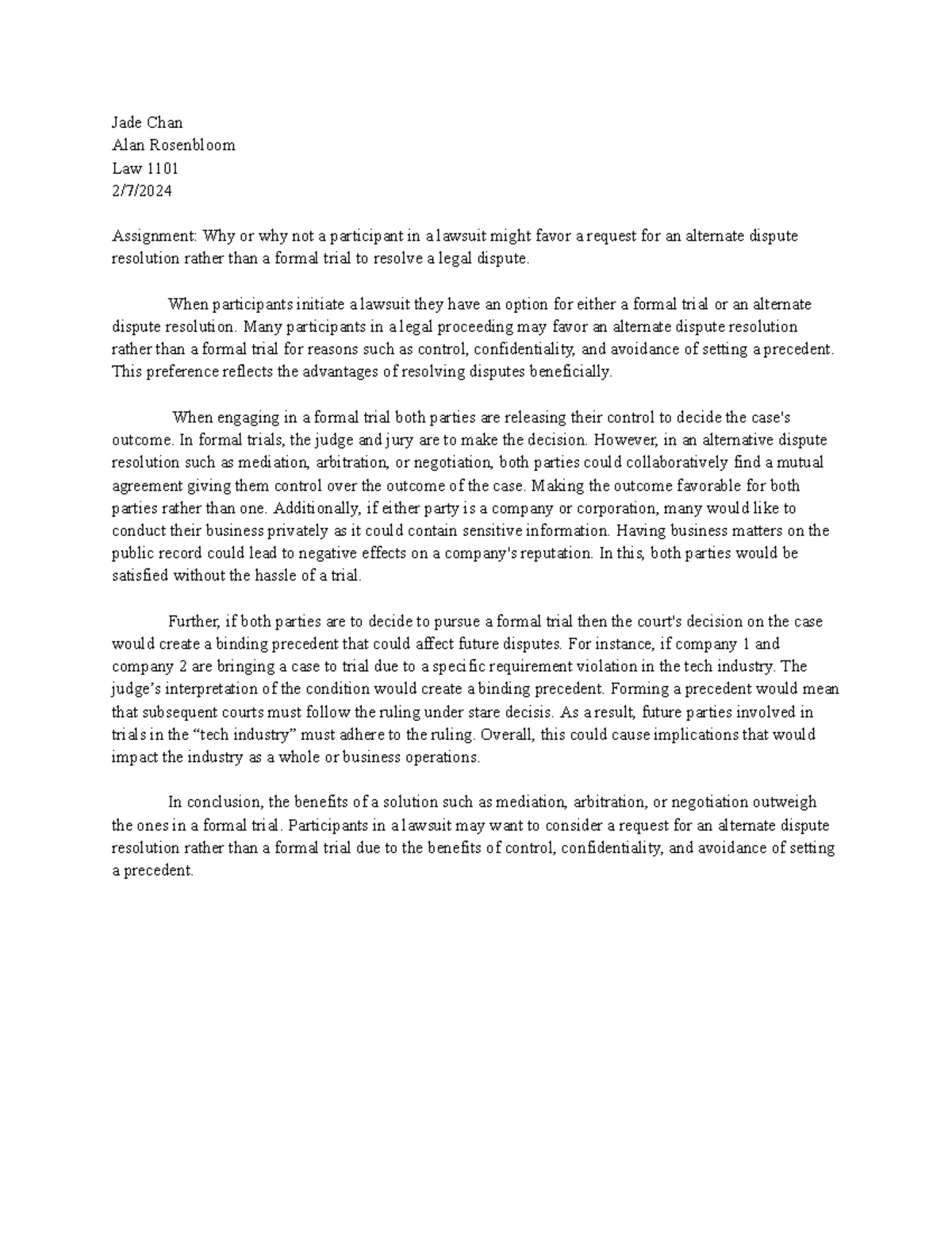 2 7 Law 1101 Assignment - Jade Chan Alan Rosenbloom Law 1101 2/7 ...