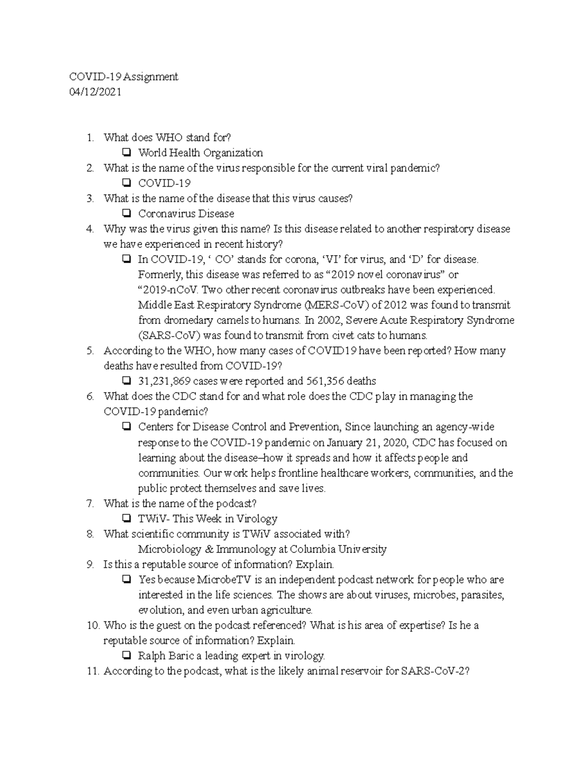 Covid-19 Assignment - COVID-19 Assignment 04/12/ What does WHO stand ...