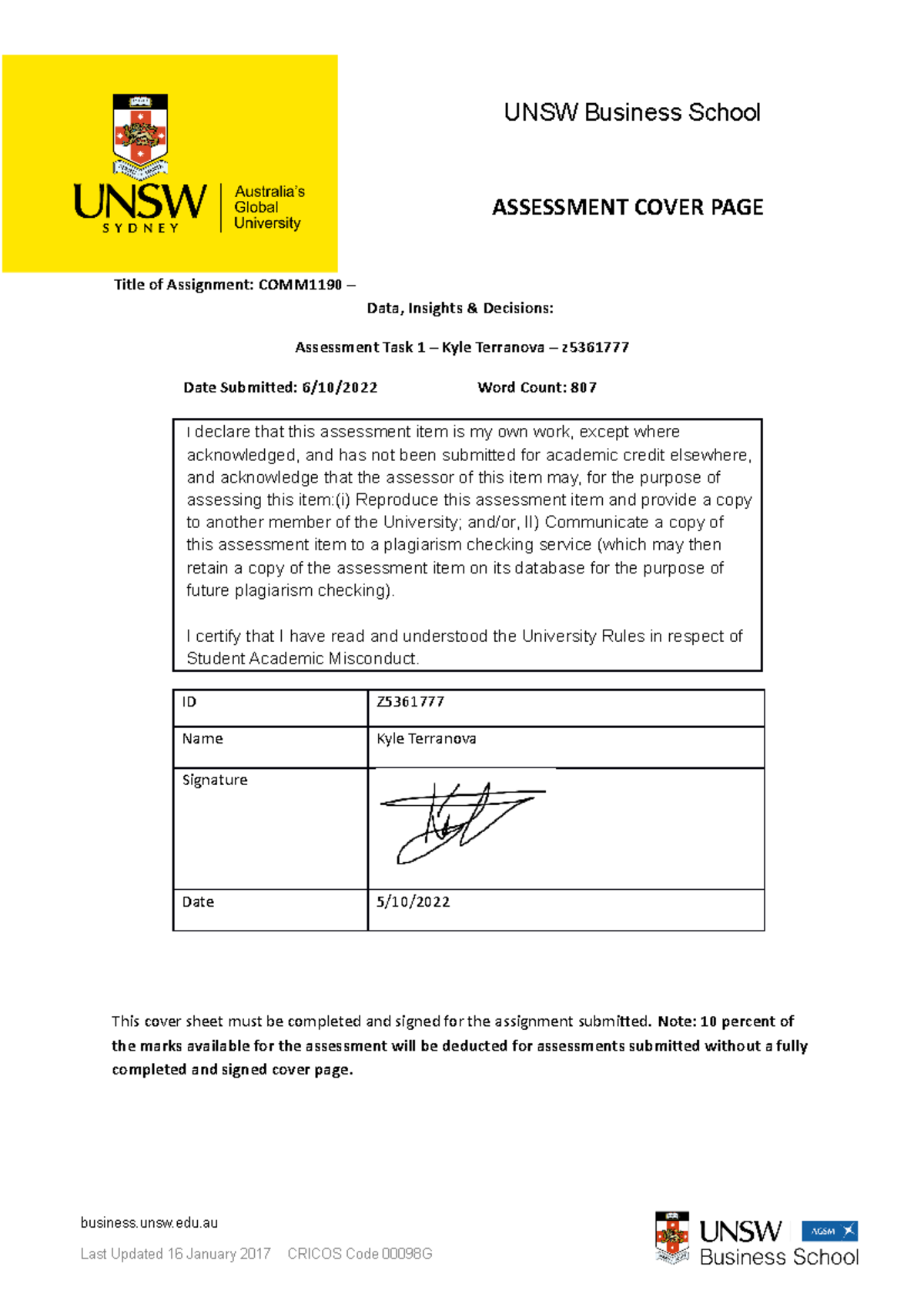 Individual Assessment - Cover Sheet - Title of Assignment: COMM1190 ...