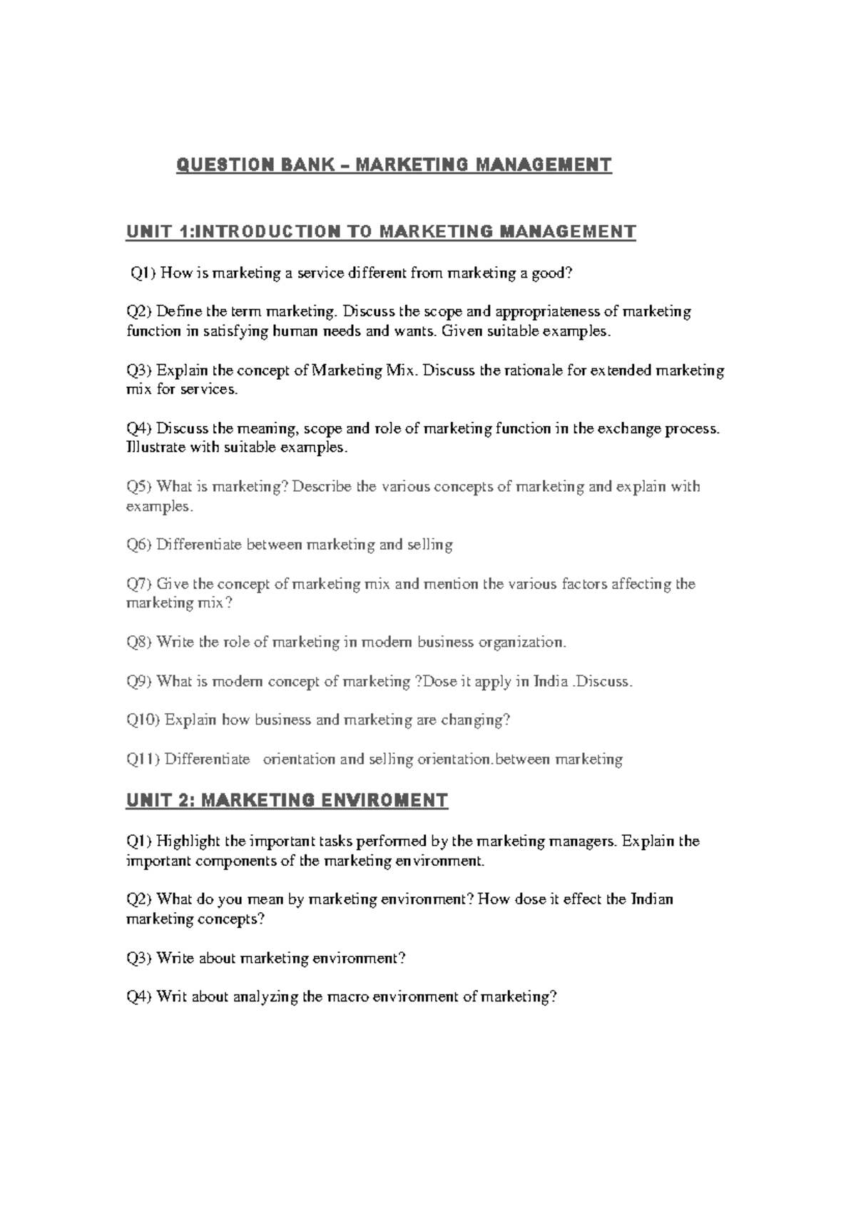 Marketing Management Question Bank - Studocu