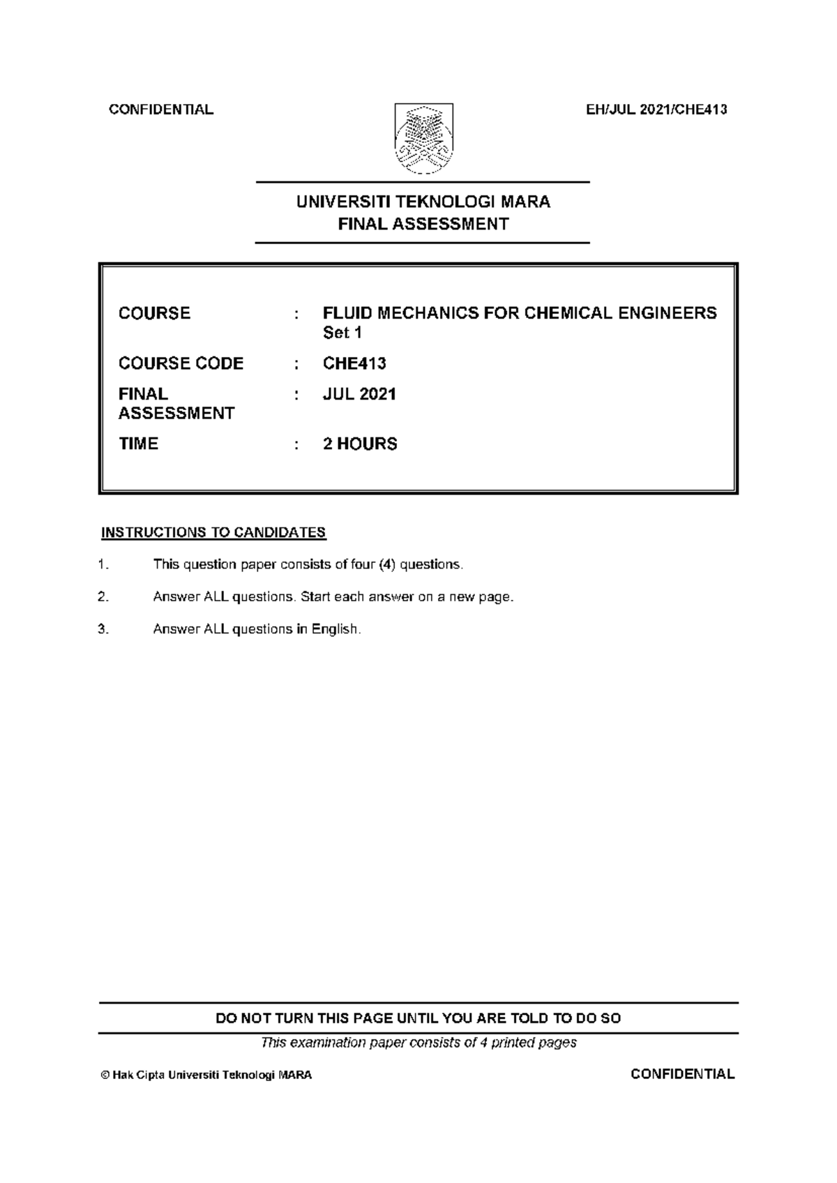CHE413 - questions sample - UNIVERSITI TEKNOLOGI MARA FINAL ASSESSMENT ...