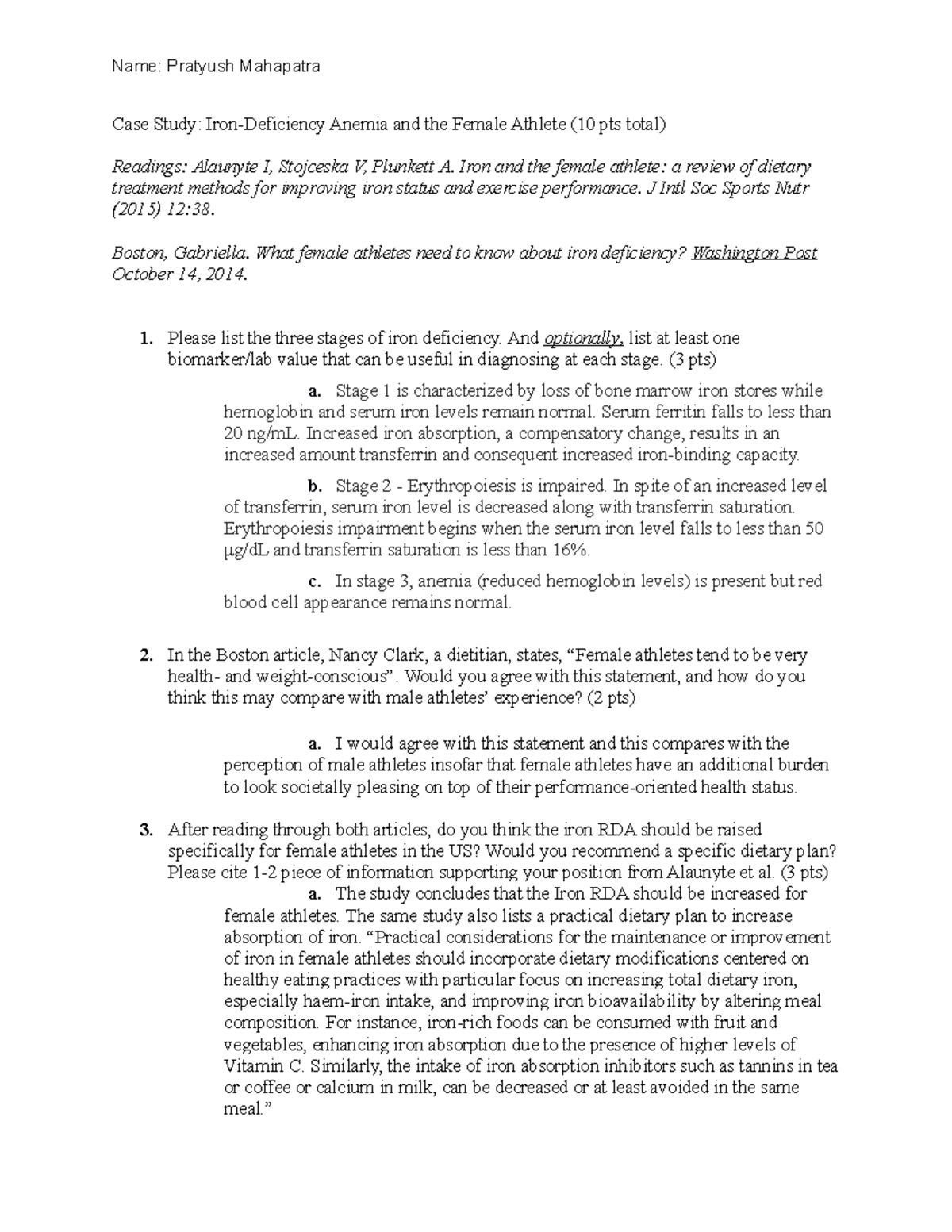 Case Study Iron Deficiency Anemiaandthe Female Athlete 2 1 - Name ...