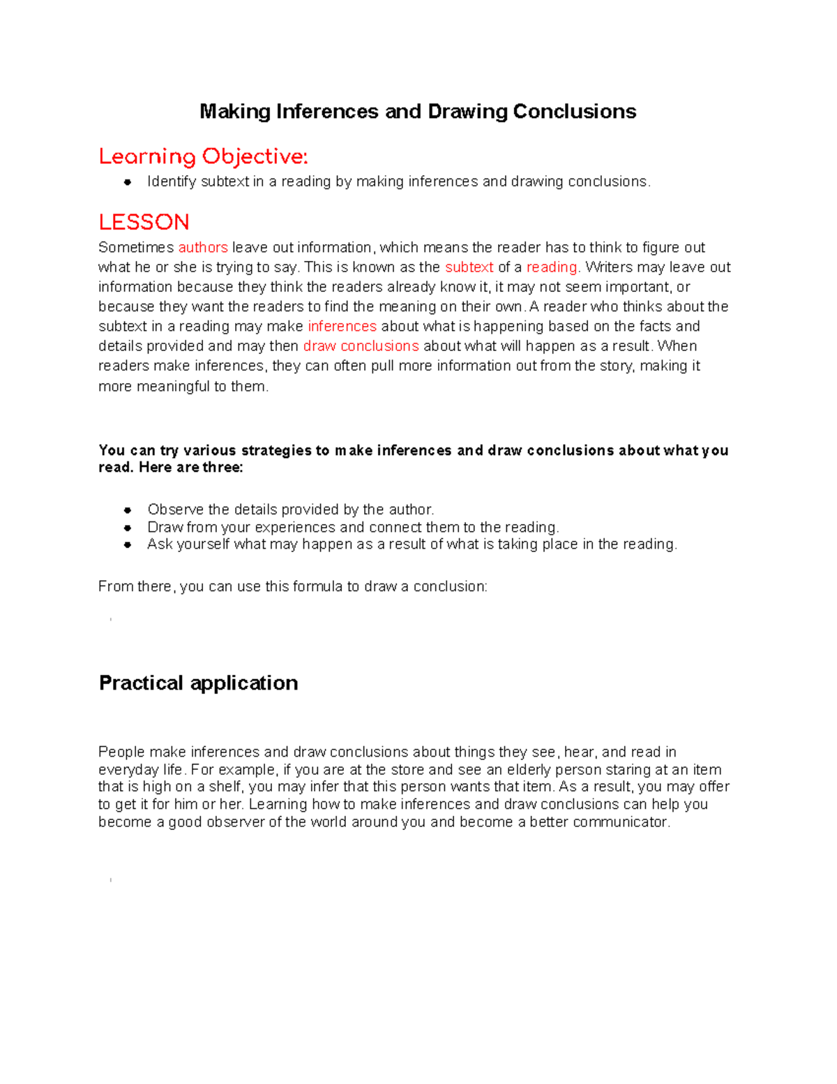 Making Inferences and Drawing Conclusions - LESSON Sometimes authors ...