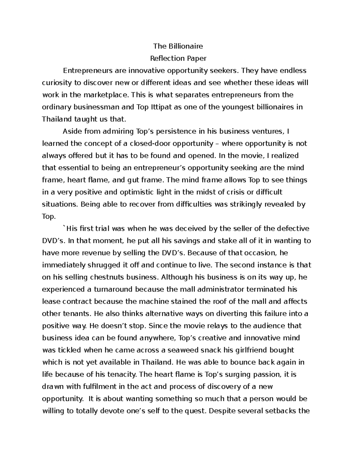 The Billionaire Reflection Paper - The Billionaire Reflection Paper ...