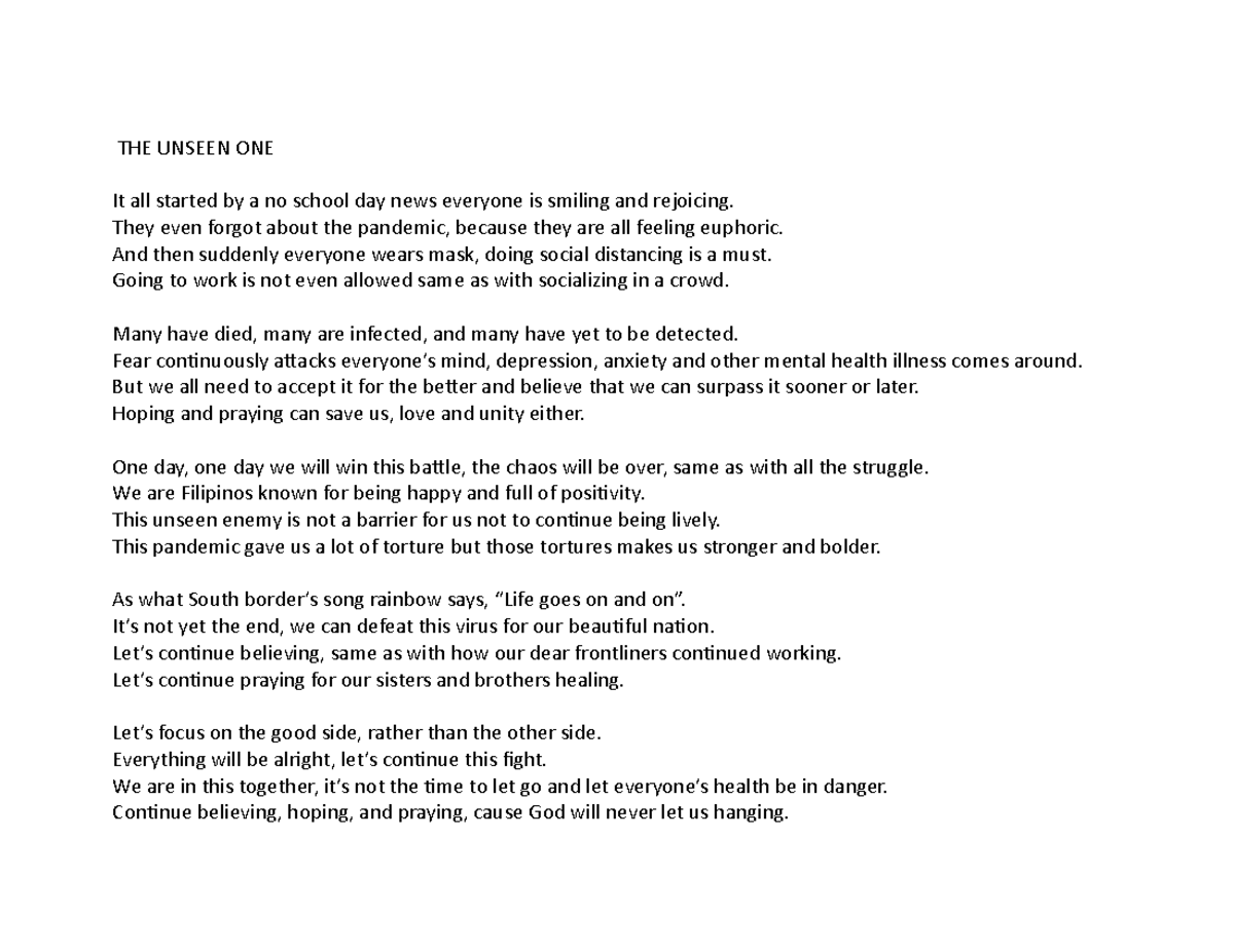 Poem about our current scenario - THE UNSEEN ONE It all started by a no ...
