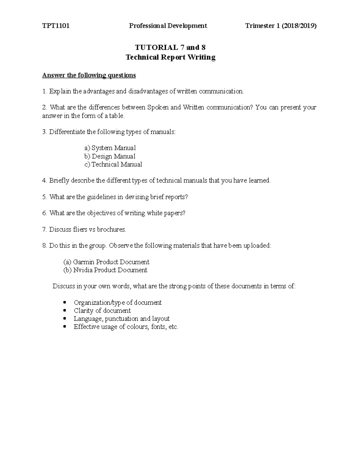 Tutorial 7 and 8 Question - TPT1101 Professional Development Trimester ...